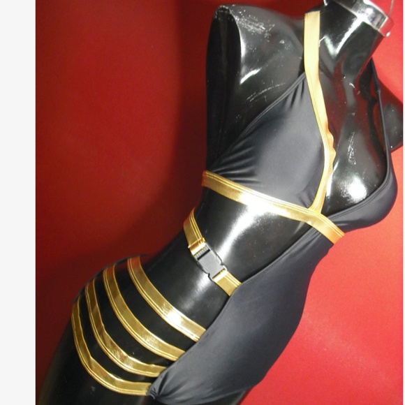 yesitsavailable | Swim | Metallic Gold Straps Black Halter One Piece ...